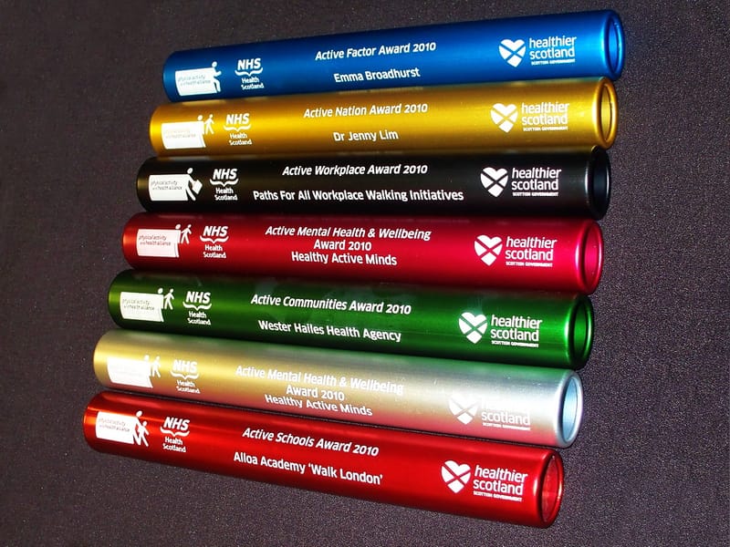 The various colours of relay batons - Alpha Trophies of Edinburgh Engravers