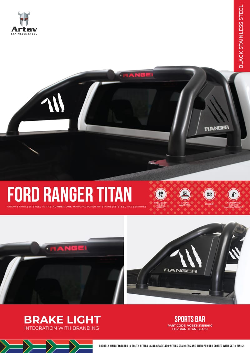 Ford Ranger Titan Stainless Steel Roll Bar Black - TOWRITE