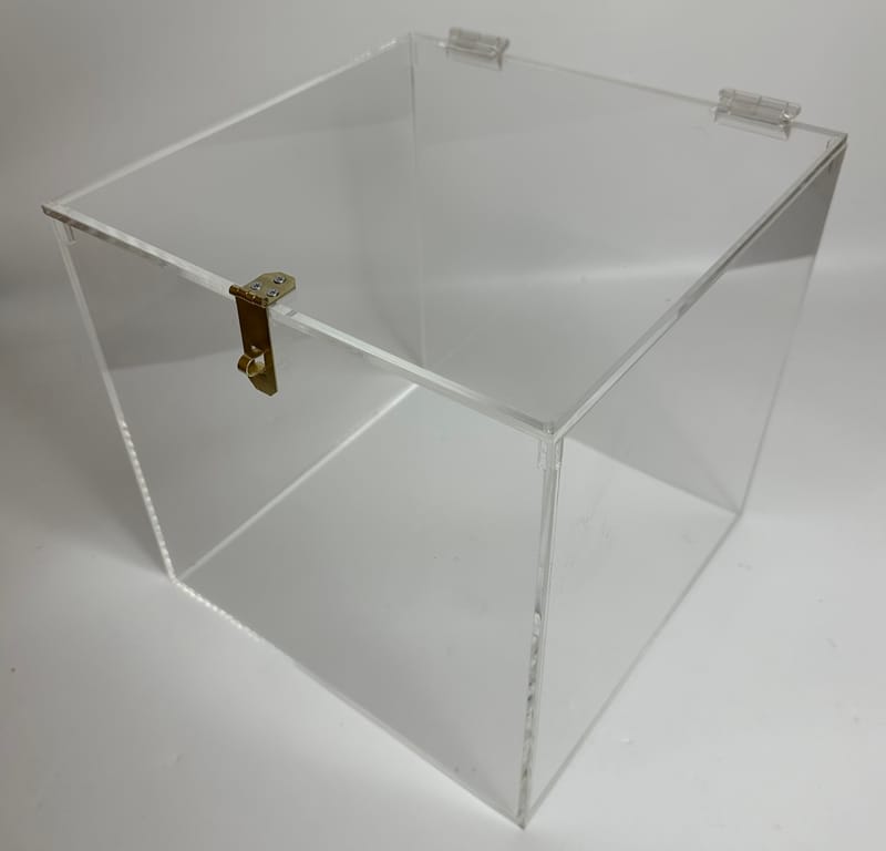 21"x 21"x 21" Clear Acrylic Box with Hasp Lock Hinged Lid - PlexiBoxes4u
