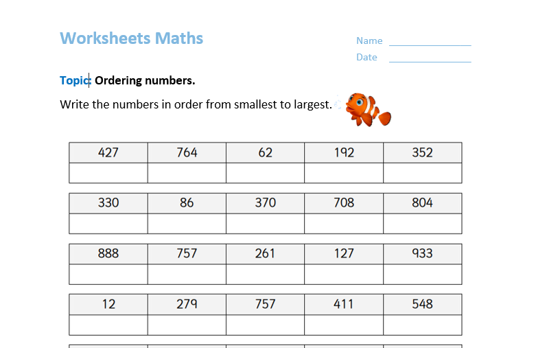 Worksheets topic: Ordering numbers