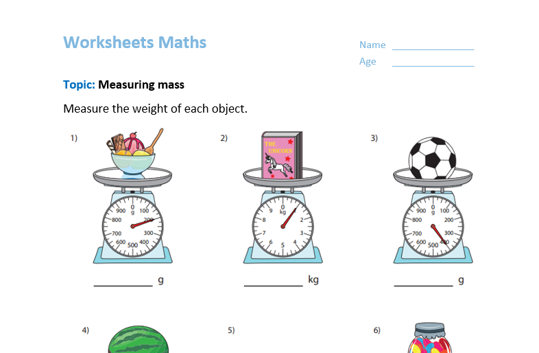 Worksheets topic: Measuring mass