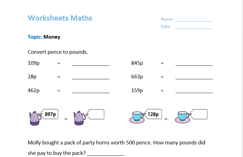 Worksheets topic: Money