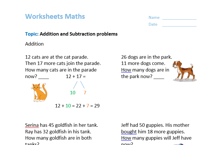Worksheets topic: Addition and subtraction problems