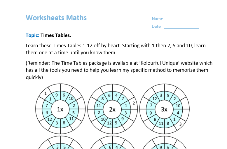 Worksheets topic: Times tables
