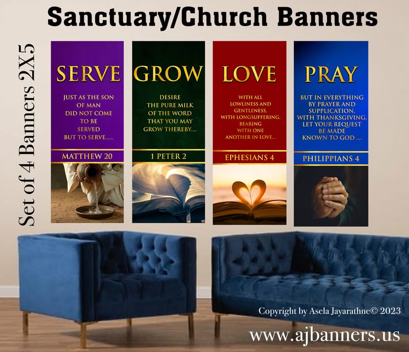 Church/Sanctuary Banners - Serve, Grow, Love, Pray - aj Banners