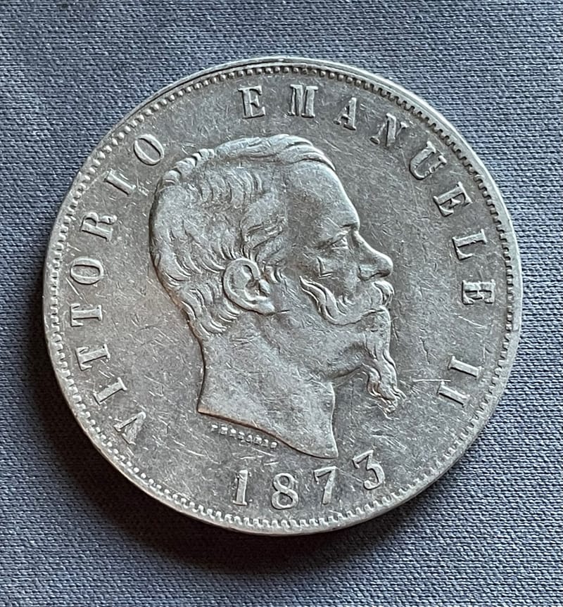 5 Lire Argent Vittorio Emmanuelle II 1873 Milano - numismar.com
