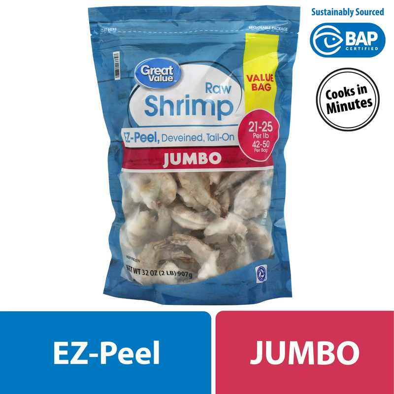 Great Value Frozen Raw Jumbo Shell-on, Tail-on, Easy Peel Shrimp ...