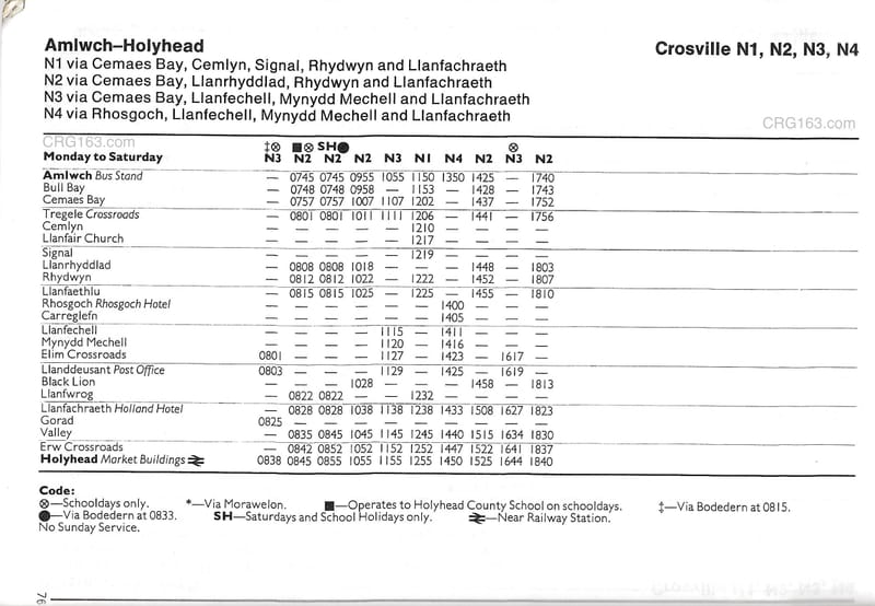 N1, N2, N3 and N4 bus timetables (Amlwch - Holyhead) June 1981...