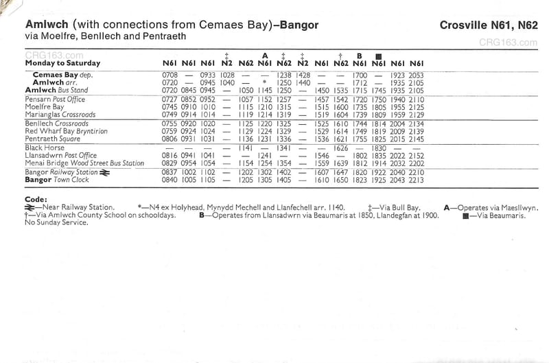 N61 & N62 bus timetables (Amlwch - Bangor) June 1981 - CROSVILLE