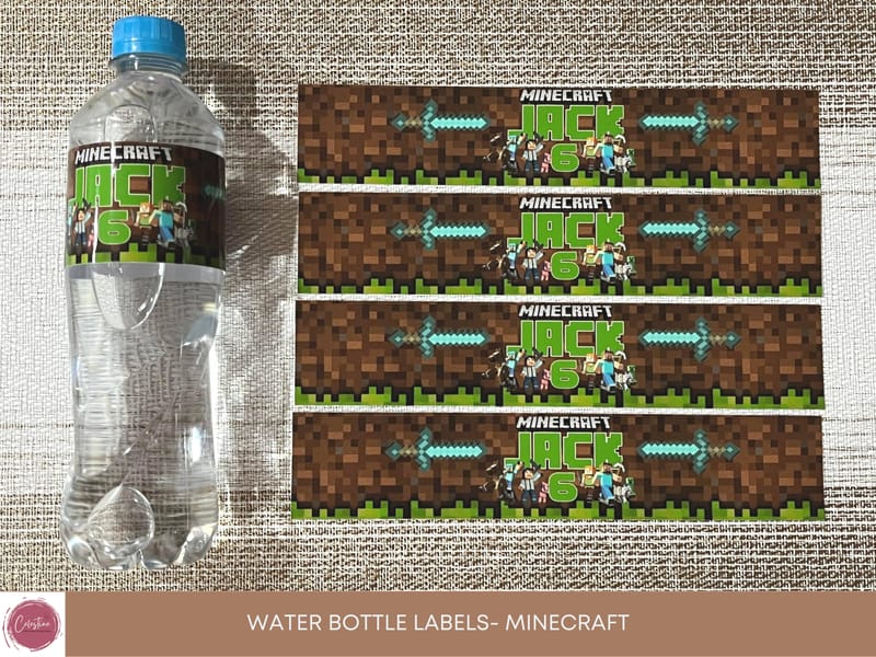 water bottle labels, water bottle wrappers, minecraft theme party