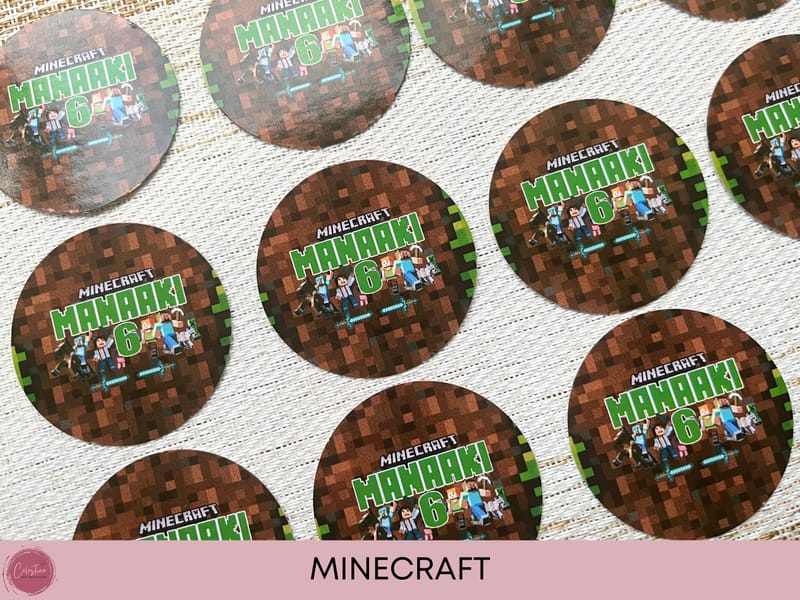 sticker labels, round sticker label, minecraft birthday theme