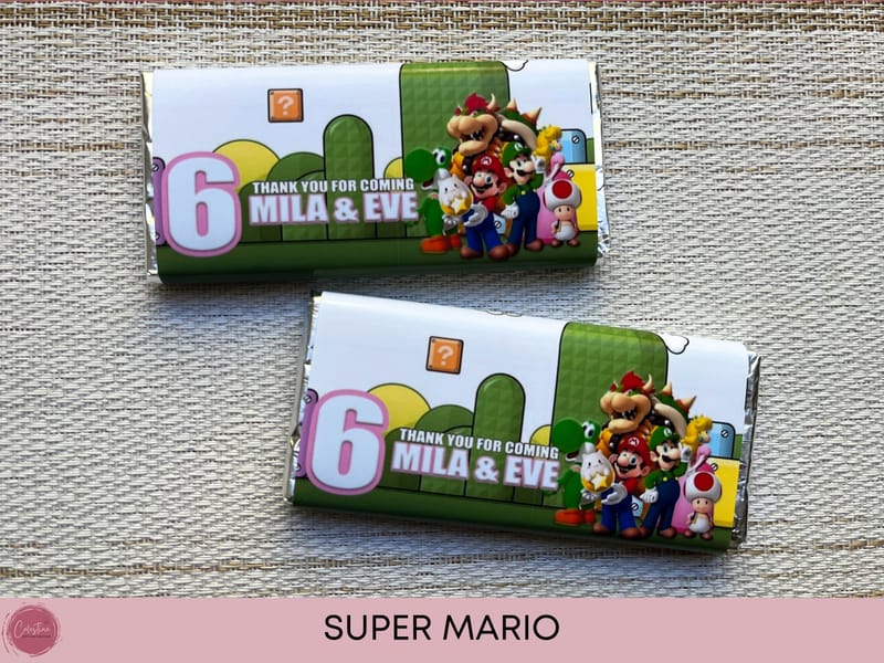 personalised chocolate bars, super mario chocolate bars, party favours