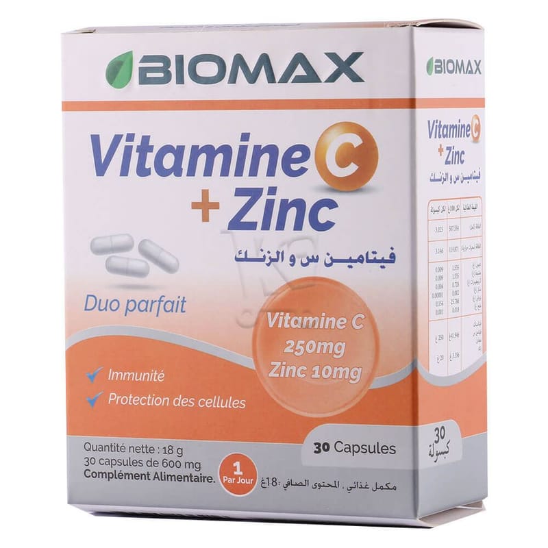 BIOMAX Vitamine C + Bisglycinate De Zinc 30 Capsules - PHARMACIE HAKIKI