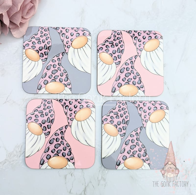 'Pink & Grey Leopard Gonk' Coaster Set
