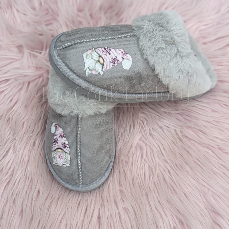 Grey 'Pink Snowflake Gonks' Slippers