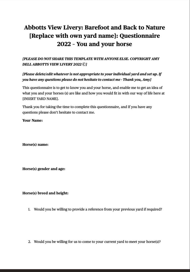 New Livery Questionnaire Template - Barefoot and Back to Nature Consultancy