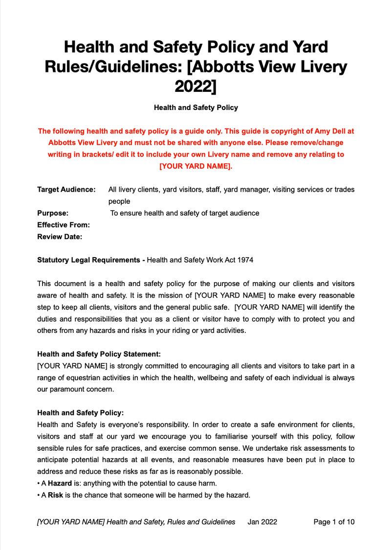 Track Livery Contract Template - Barefoot and Back to Nature Consultancy