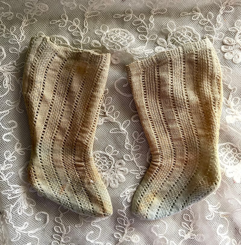 Nice Antique Aqua French Doll Socks - Hearts Will Play