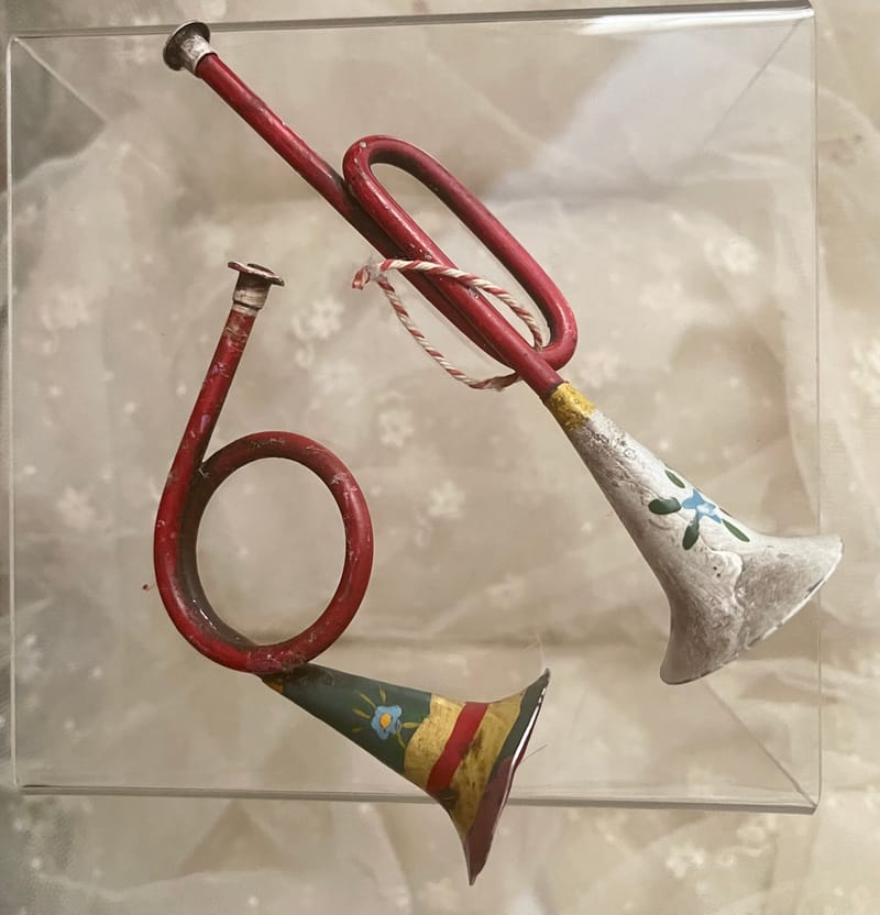 ON HOLD….2 Tiny Antique Tin Horns Bugle Trumpet Dolls Bears - Hearts...