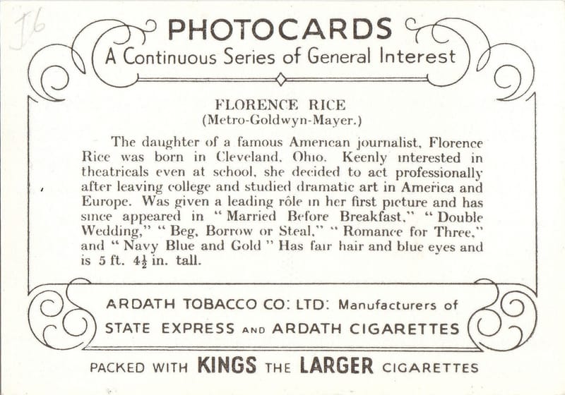 FLORENCE RICE - CINEMA & CIGARETTE CARDS