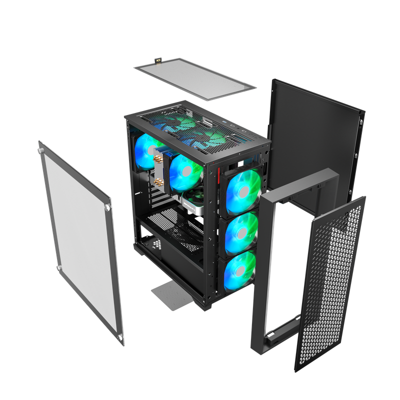 HCS404 ATX/MATX/Mini-ITX Mesh Case with Tempered Glass, Preinstalled 4 ...