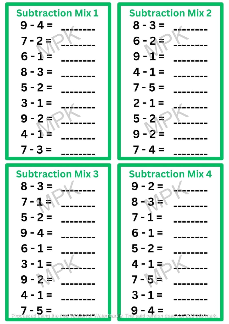 Subtraction Tables (printed) - Montessori Printables Kenya