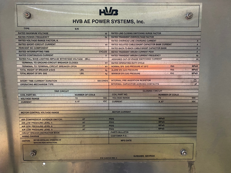 2000 AMP GE/HITACHI SF6 CIRCUIT BREAKER