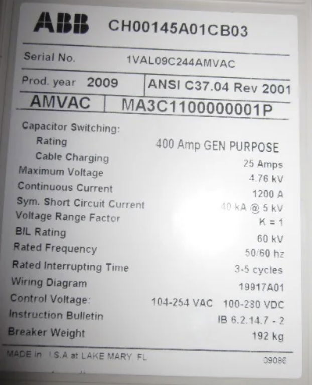 2000 AMP GE/HITACHI SF6 CIRCUIT BREAKER