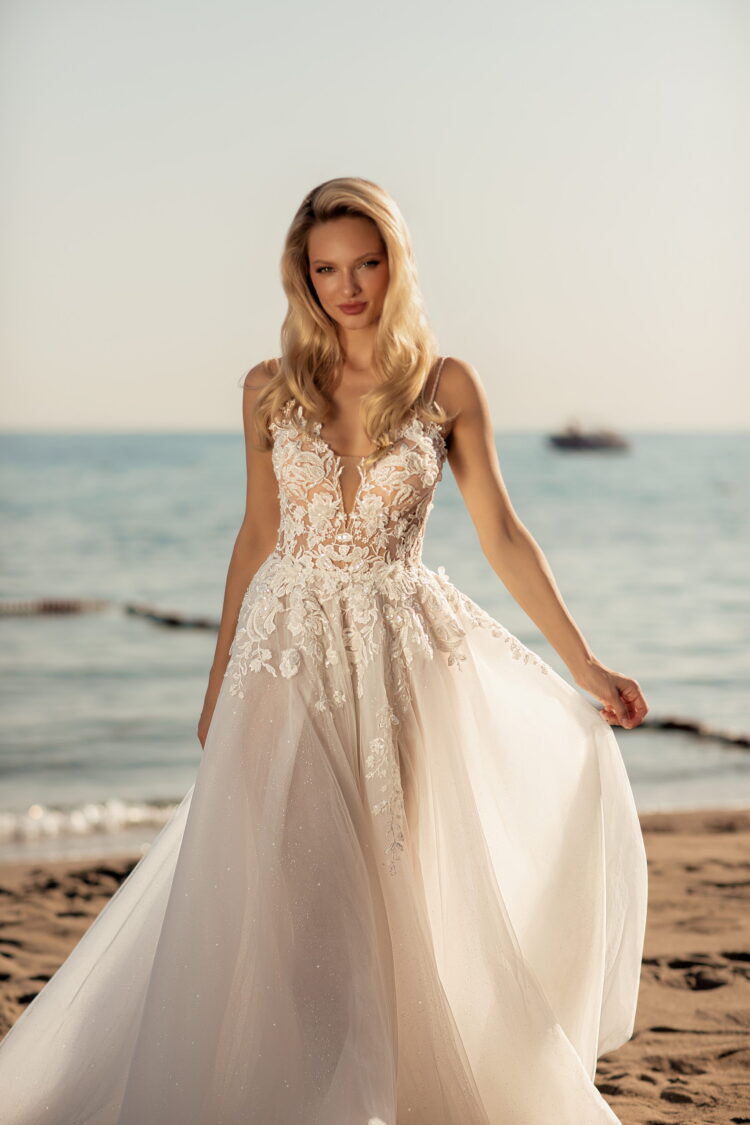 Fitted Strapless Wedding Dress with Sheer Straps & Diamantes